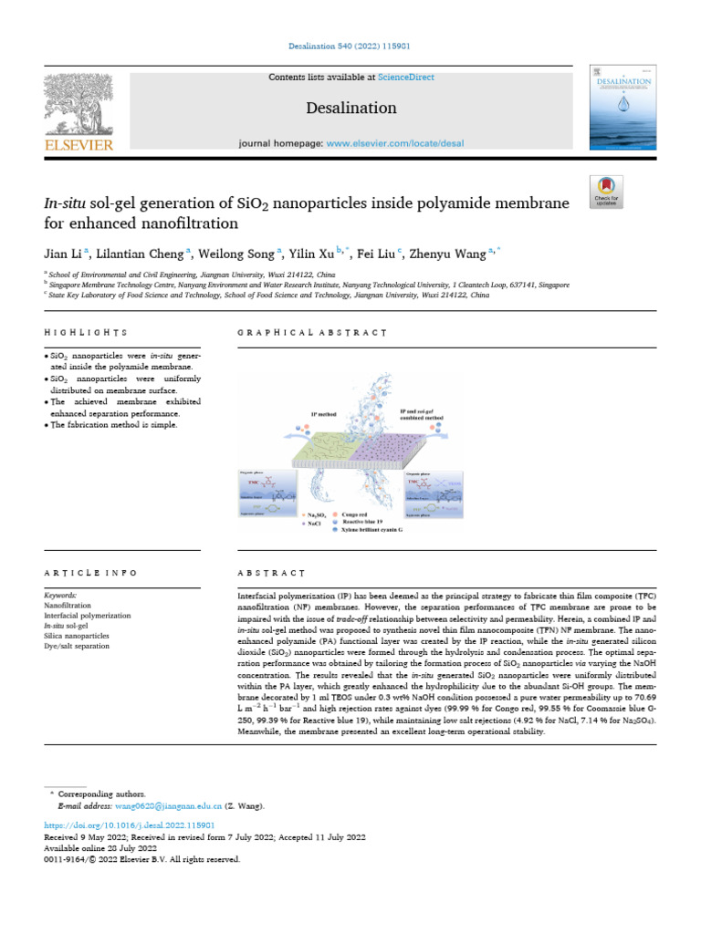 In-Situ Sol-Gel Generation of SiO2 Nanoparticles Inside Polyamide ...