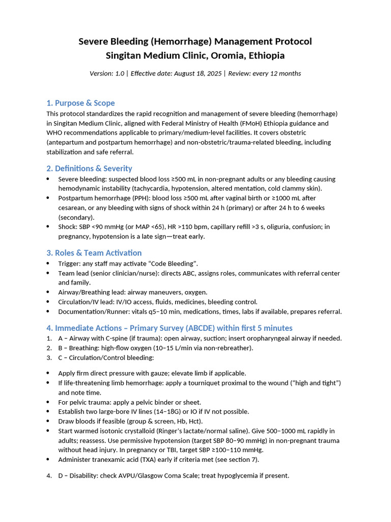Singitan Medium Clinic Severe Bleeding Protocol Aug2025 | PDF | Bleeding | Shock (Circulatory)