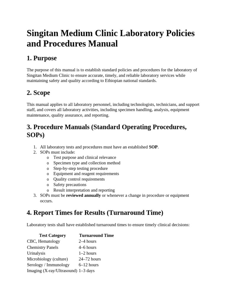 Singitan Medium Clinic Laboratory Policies and Procedures Manual | PDF ...