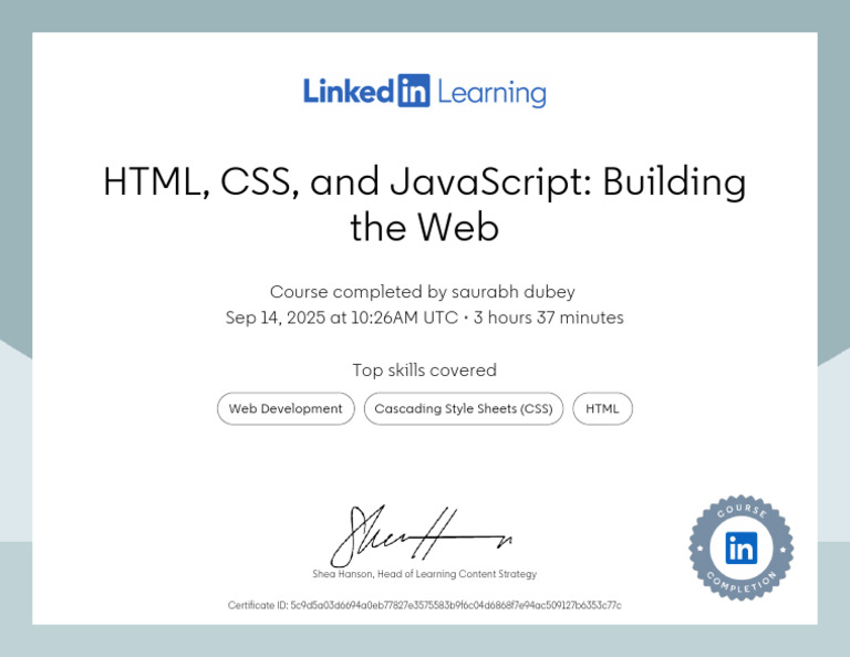 CertificateOfCompletion - HTML CSS and JavaScript Building The Web | PDF