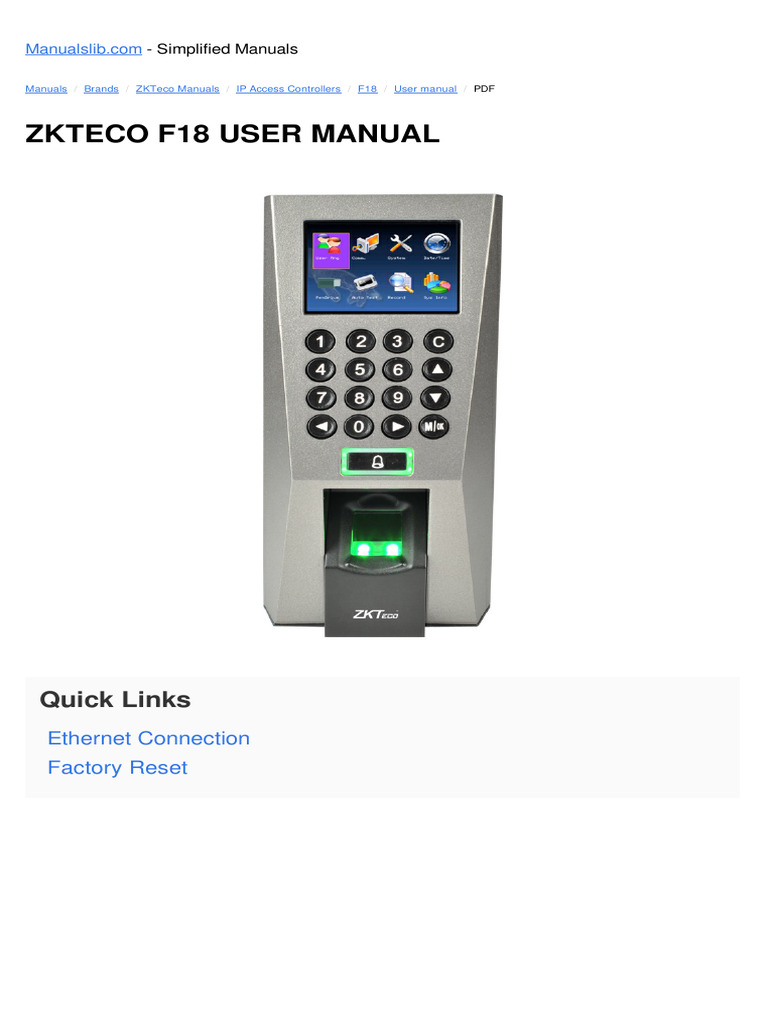 ZKTeco F18 User Manual Guide | PDF | Access Control | Usb