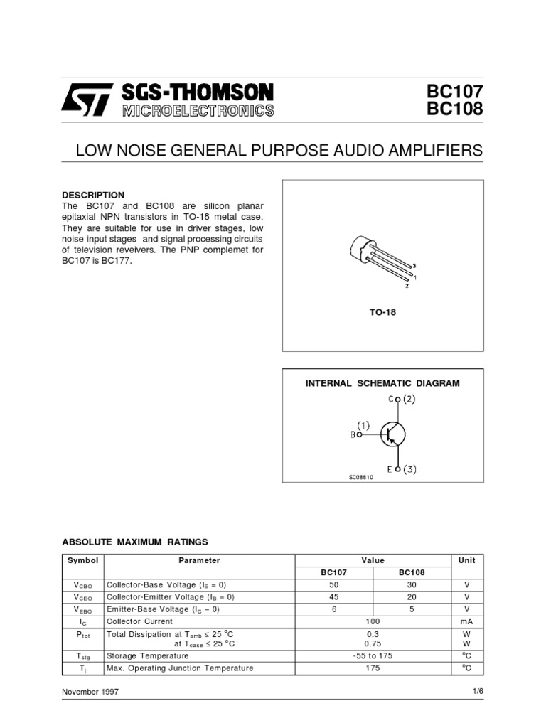 Bc107 Data Sheet | PDF | Bipolar Junction Transistor | Electrical ...