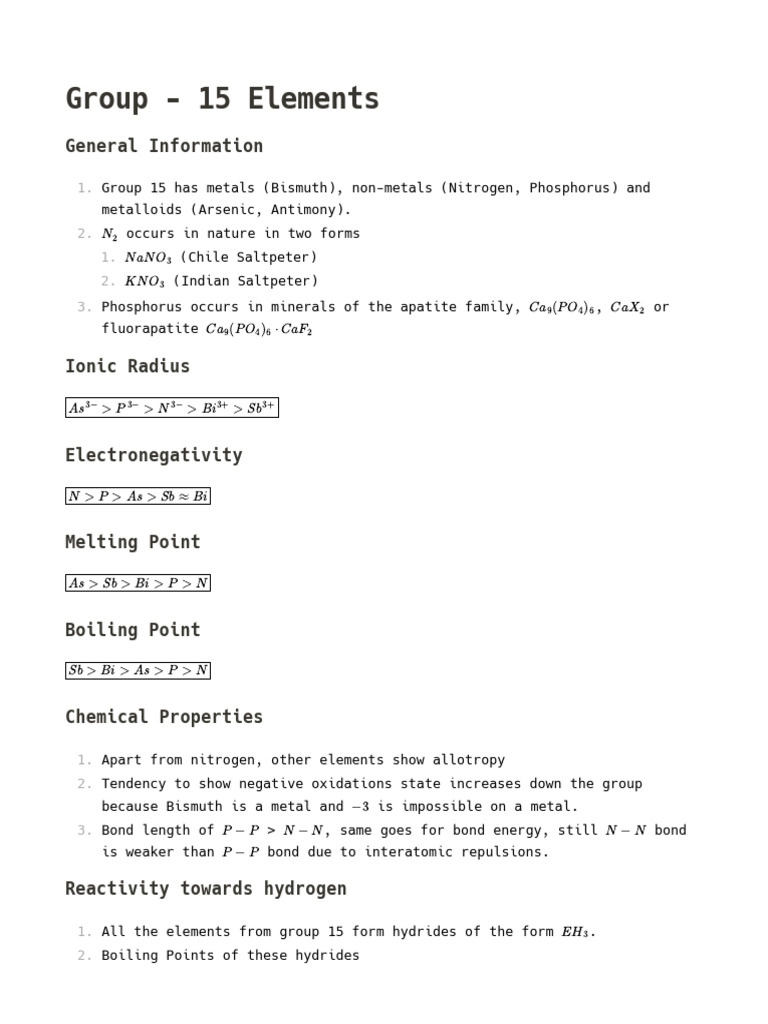 Group - 15 Elements | PDF | Nitrogen | Chlorine