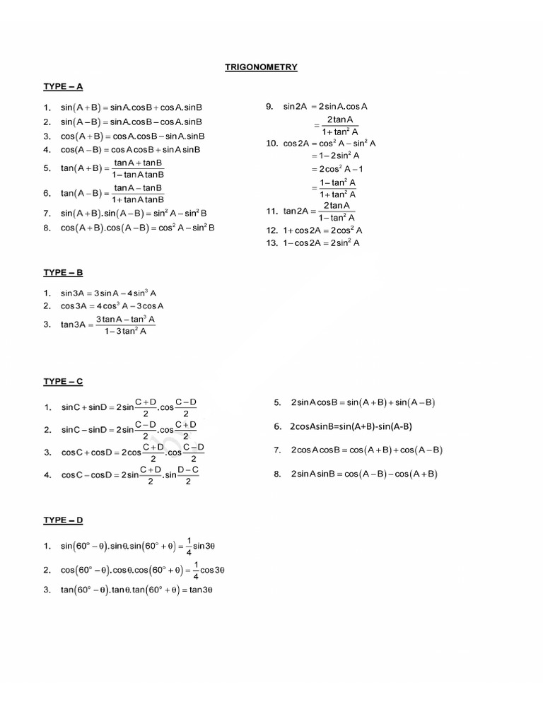 Trigonometry Formulas - JEE - CBSE | PDF