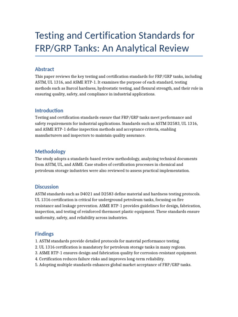 Testing Standards FRP GRP Tanks | PDF