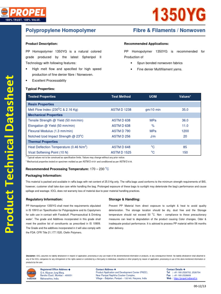 Polypropylene Homopolymer 1350YG Datasheet | PDF | Nonwoven Fabric ...