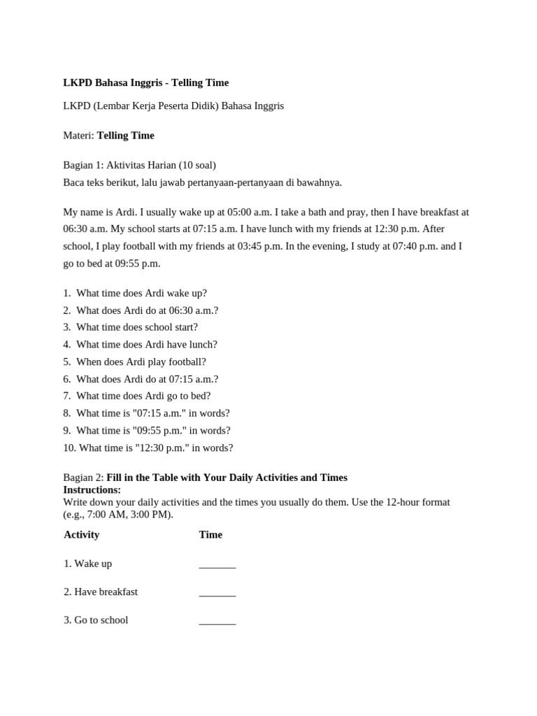 LKPD Bahasa Inggris - Telling Time | PDF