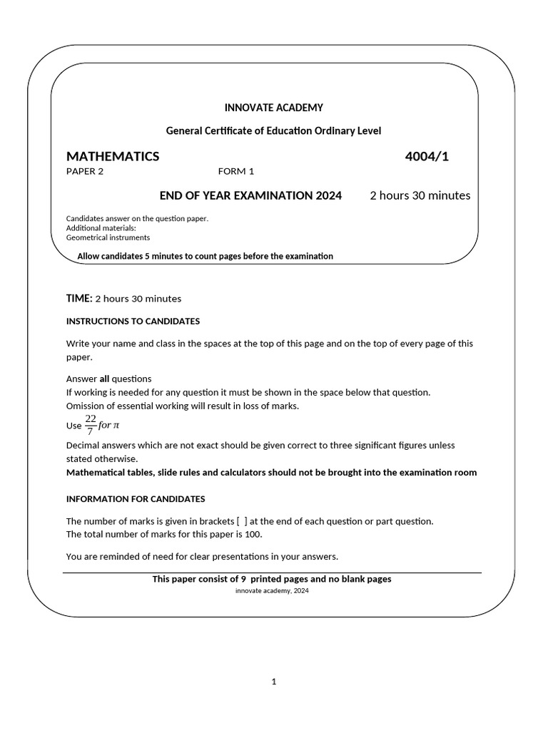 Form 1 2024 Maths Paper 2 - 021309 | PDF | Numbers | Significant Figures