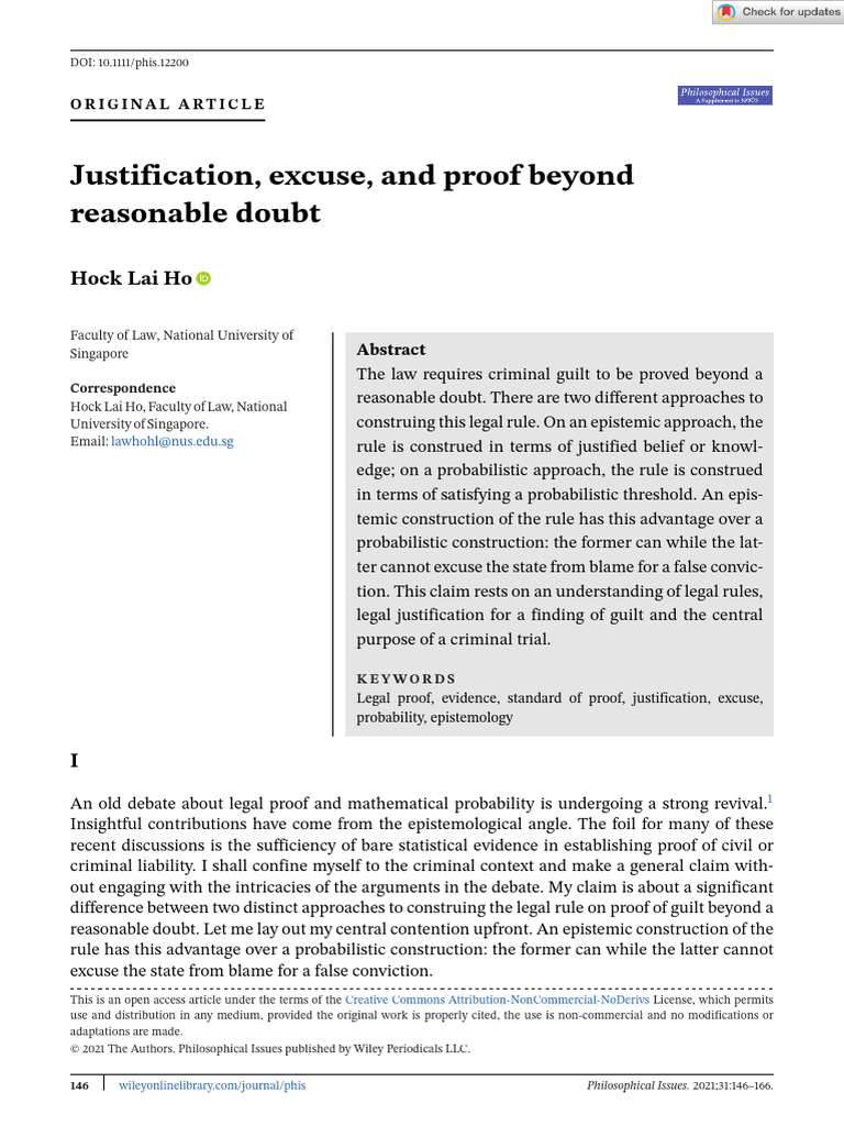 Philosophical Issues - 2021 - Ho - Justification Excuse and Proof ...