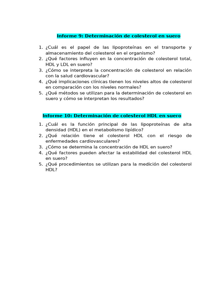 Determinación de Colesterol en Suero y Determinación de Colesterol HDL ...