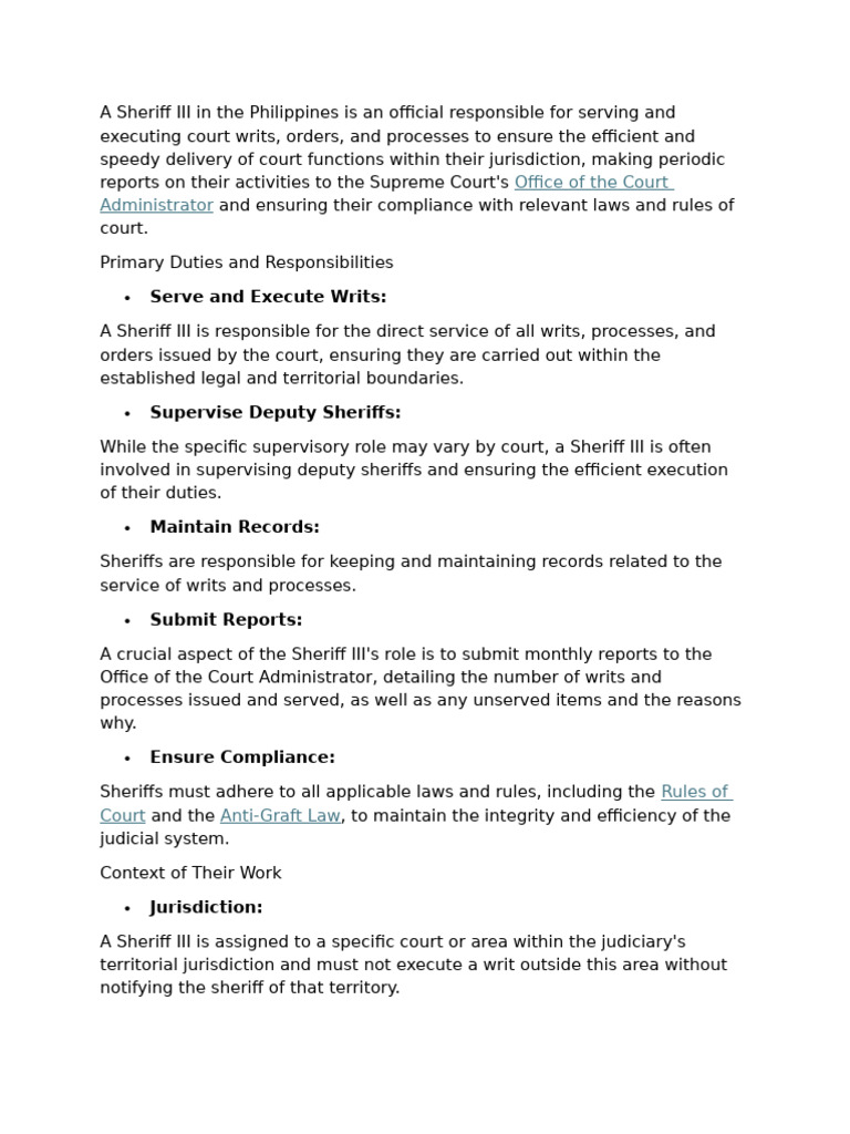 Sheriff III Duties in the Philippines | PDF