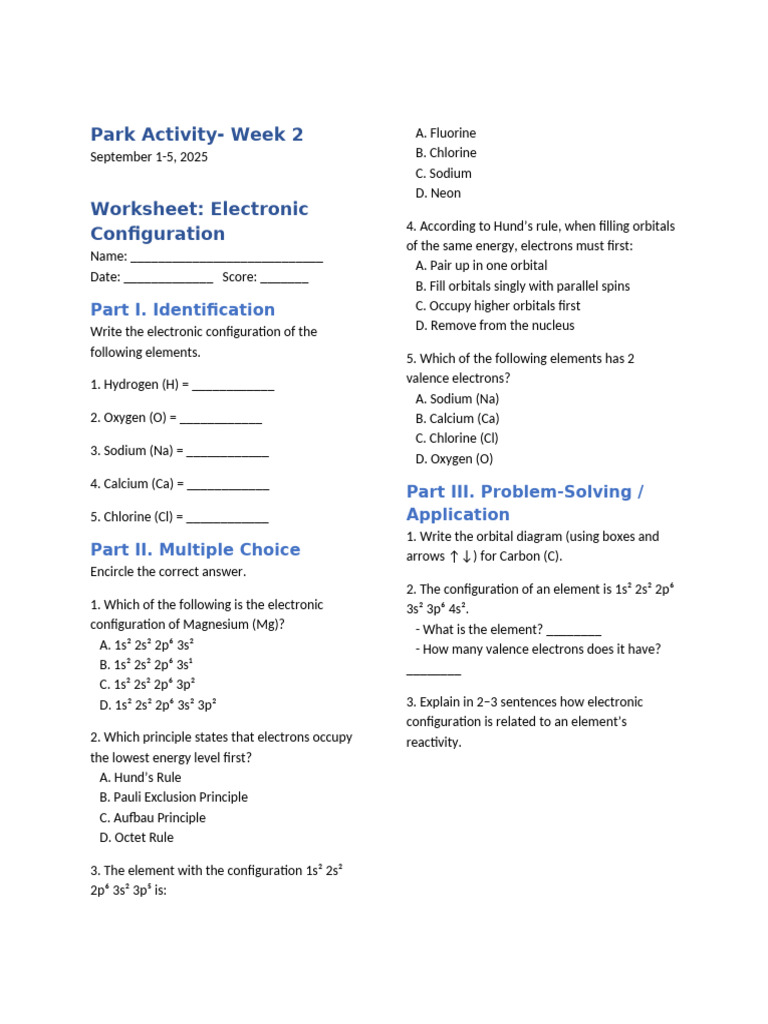 Park Activity Electronic Confiuration | PDF | Electron Configuration ...