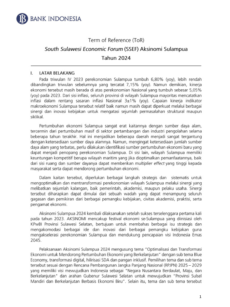 Term of Reference TOR KAK Acara South Sulawesi Economic Forum (SSEF) Aksinomi Sulampua 2024 (1 ...