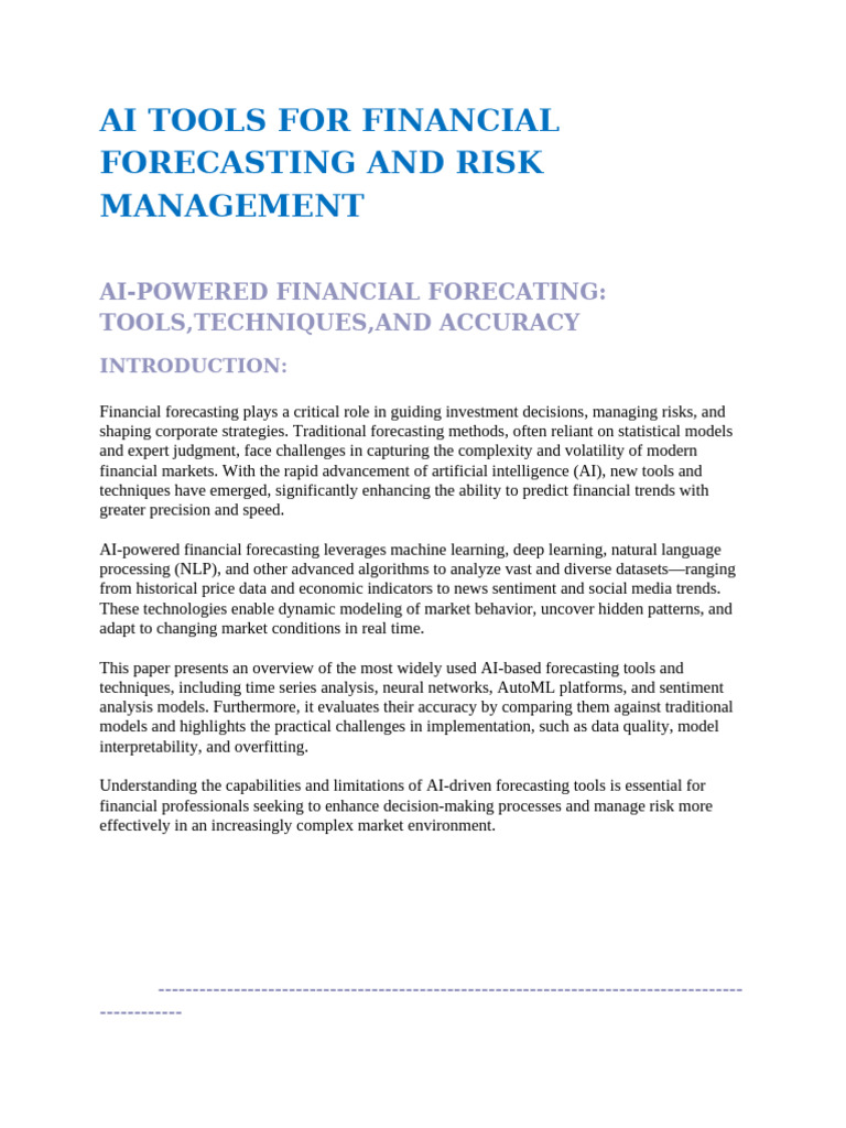 Ai Tools For Financial Forecasting and Risk Management PPT For Anna CLG (Aids) 1 Yr | PDF ...