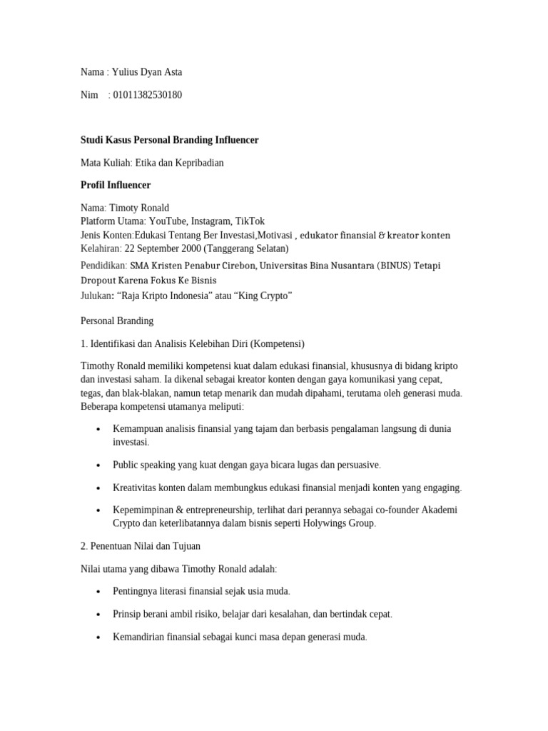 Personal Branding Timoty Ronald - Yulius Dyan Asta | PDF
