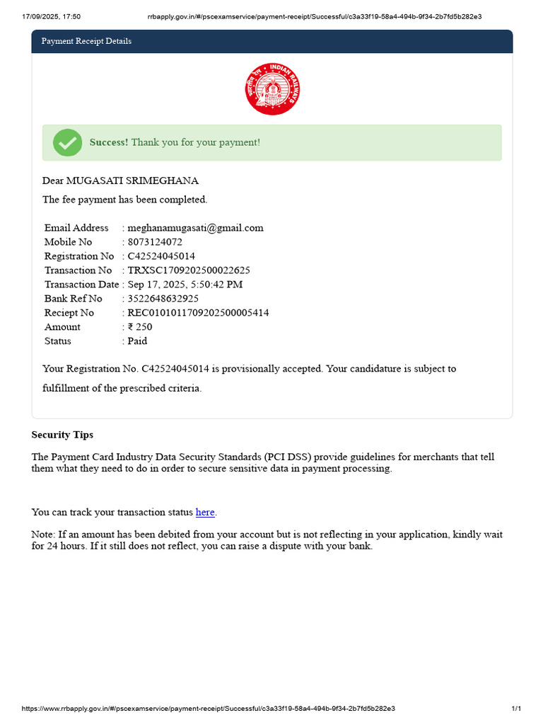 Rrbapply - Gov.in # Pscexamservice Payment Receipt Successful C3a33f19 ...