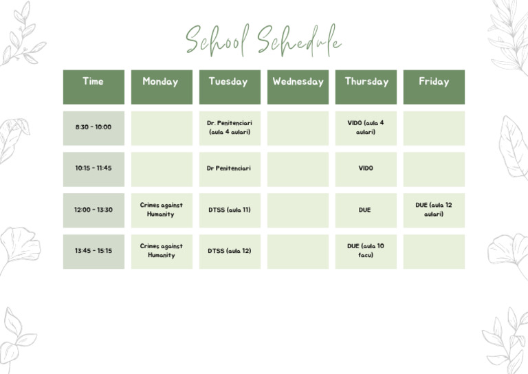 Green Botanical Weekly Class Schedule | PDF