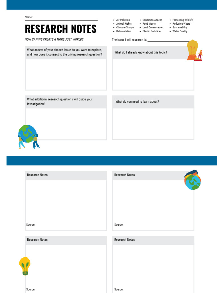 Sustainability Goals Research Notes Graphic Organizer in Colorful Grid ...