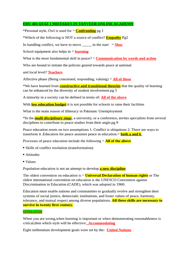 Edu 401 Quiz 1 Mistakes in Tanveer Online Academy | PDF | Literacy ...