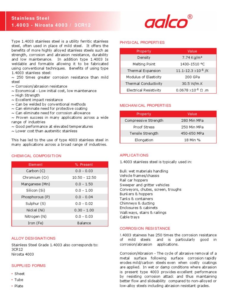 Aalco Metals LTD Stainless Steel 1.4003 Nirosta 4003 3CR12 96 | PDF ...
