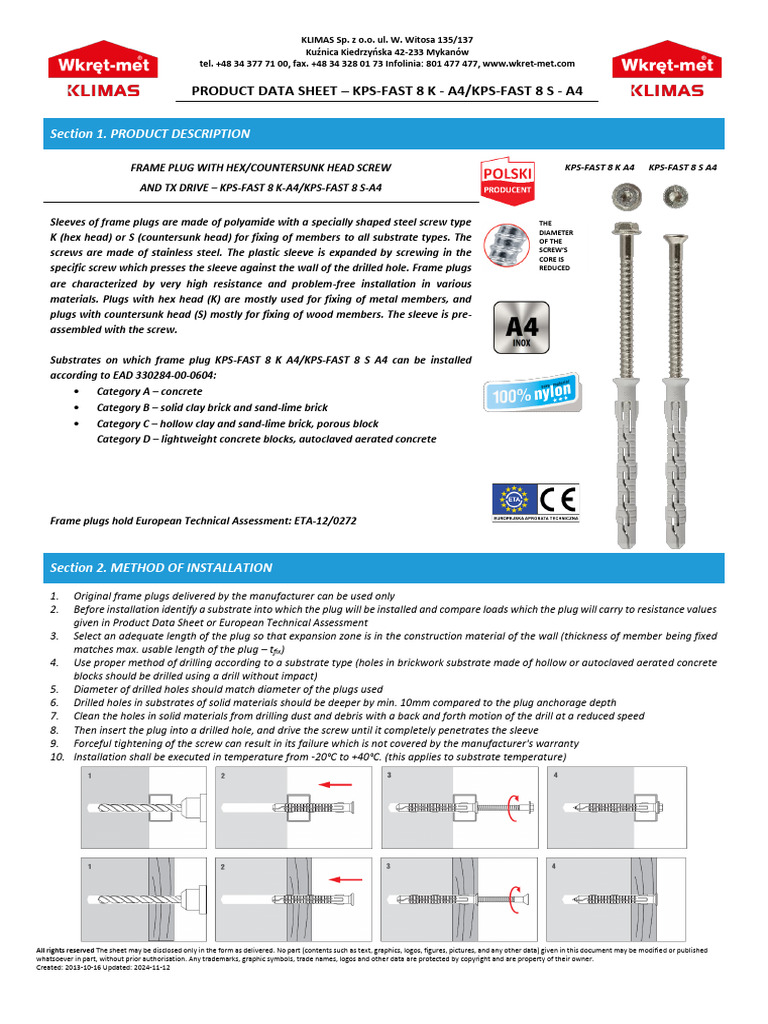 KPS-FAST 8 K/S Product Data Sheet | PDF | Screw | Brick