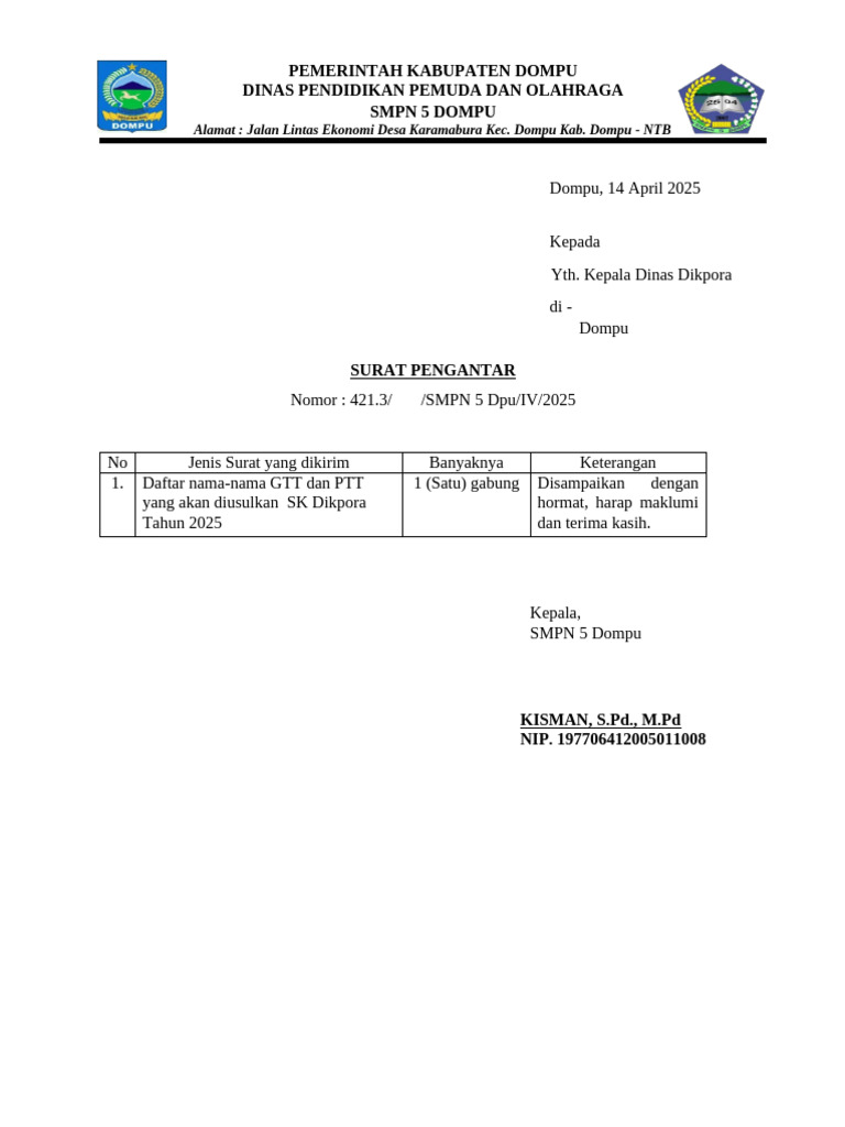 Surat Pengantar Perpanjang SK Dikpora | PDF