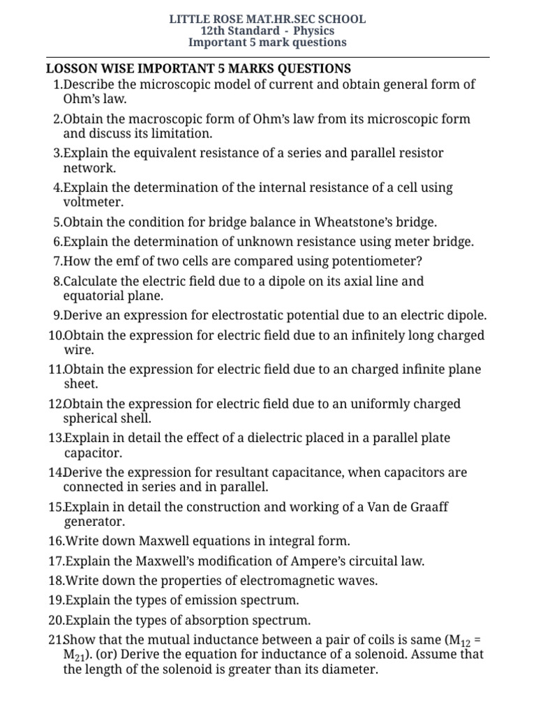 12th Physics: Key 5 Mark Questions | PDF | Magnetic Field ...