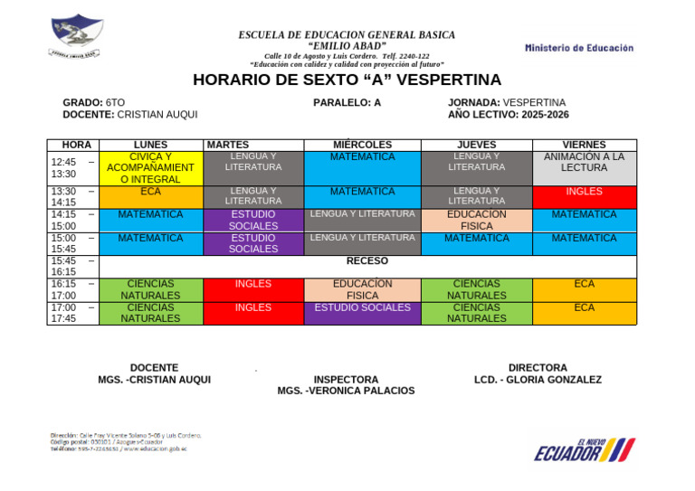 Horario de Clases Vespertina 2025 - 2026 Entregar | PDF