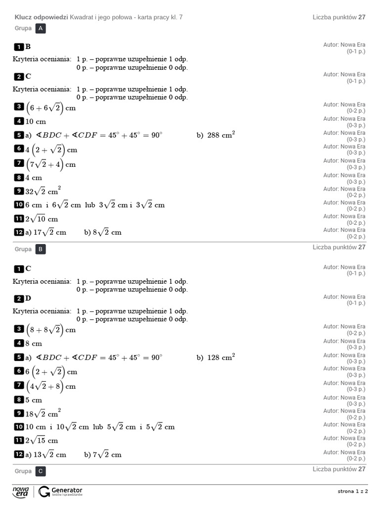 Kwadrat I Jego Połowa - Karta Pracy Kl. 7 Klucz Odpowiedzi | PDF