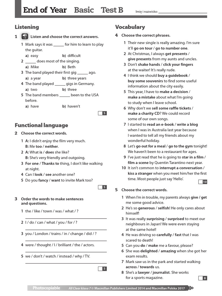 All Clear kl7 End of Year Basic Test B | PDF
