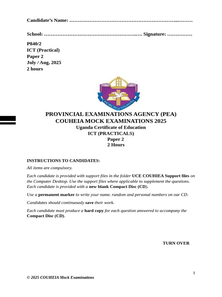 Couheia 2025 ICT Mock Exam Paper 2 | PDF