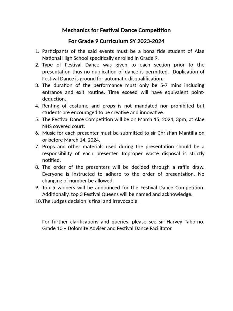 Mechanics For Festival Dance Competition | PDF