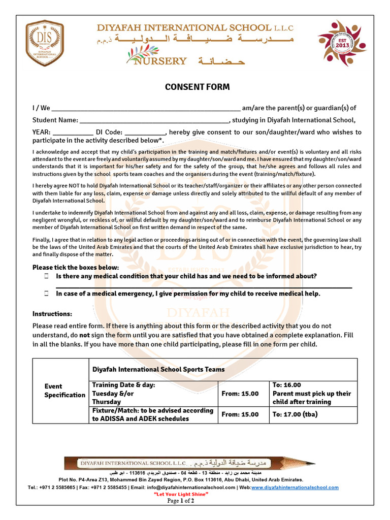Consent Form - Sports Team - Term 1 | PDF