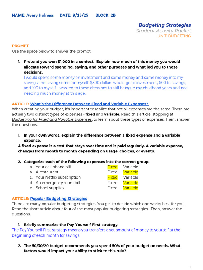 Budgeting Strategies Student Activity Packet - 09!15!25 | PDF | Cost Of ...