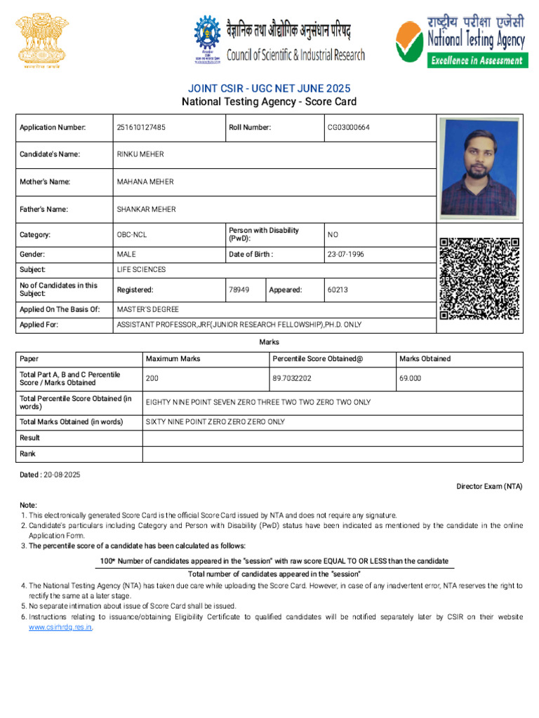 CSIR UGC NET June 2025 Score Card | PDF | Qualifications