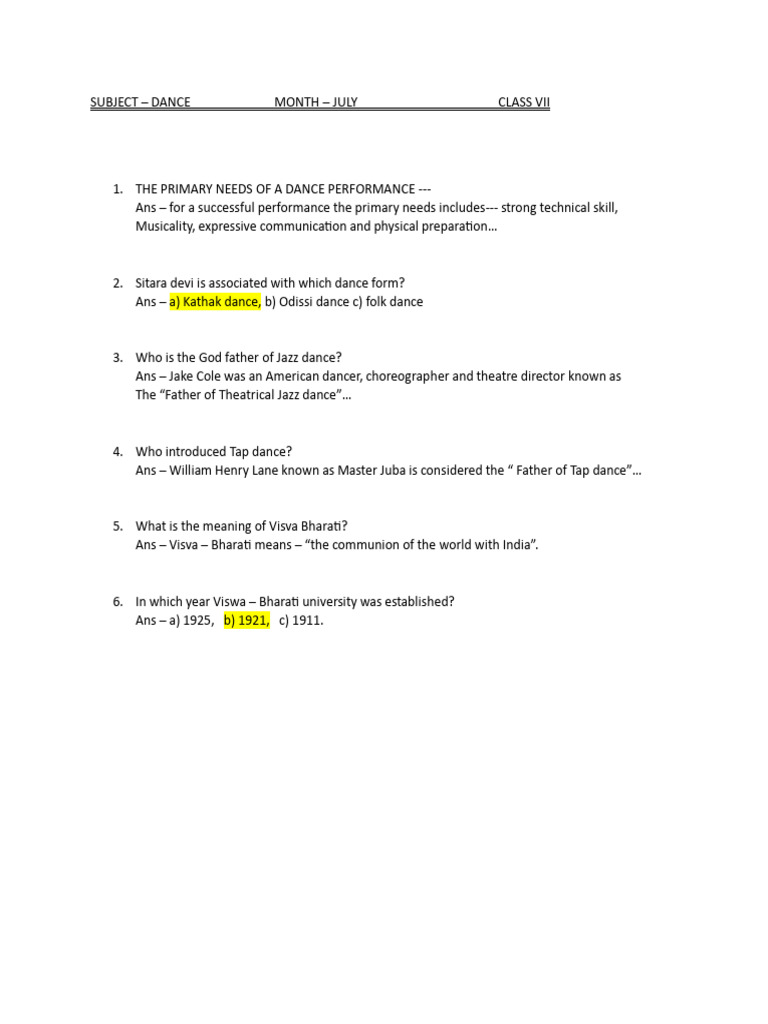 Class-7 - Dance Model QP - July REVISED | PDF