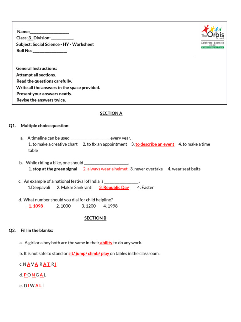 Class 3 Social Science HY Worksheet Answer Key 202526 | PDF