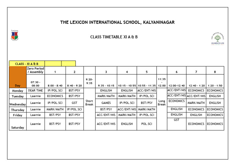 TLISK - Class Timetable - XI A & B - 2025-26 | PDF