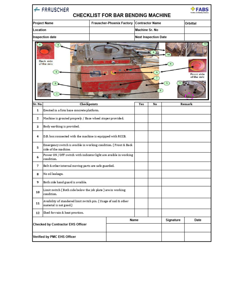 Bar Bending Machine Inspection Checklist | PDF