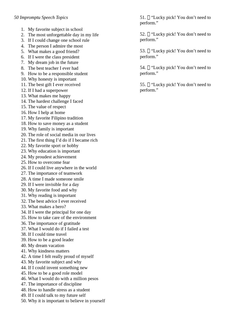 50 Engaging Impromptu Speech Topics | PDF