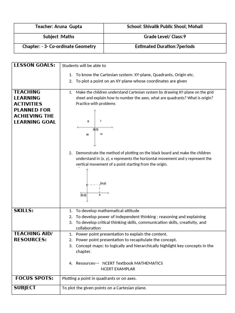 Coordinate Geometry Lesson Plan for Grade 9 | PDF