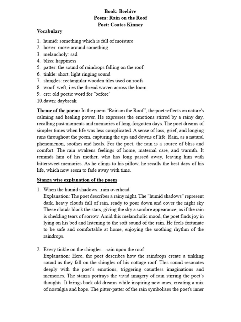 Analysis of "Rain on the Roof" Poem | PDF
