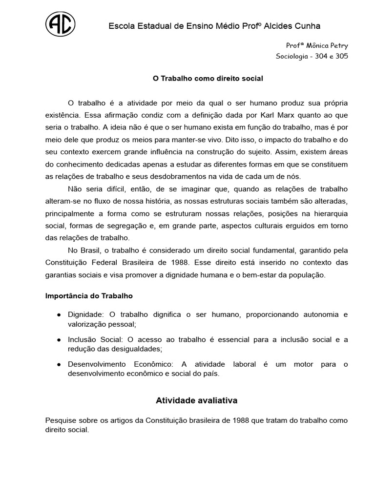 Trabalho como Direito Social no Brasil | PDF