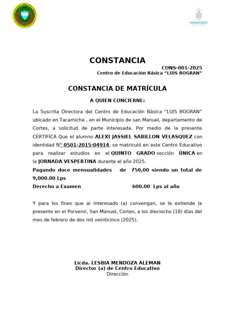Constancias de Matrícula 2025 - CEB Luis Bográn | PDF | Instituciones ...