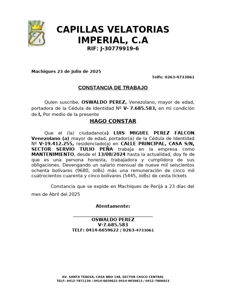 Carta de Trabajo Capilla | PDF