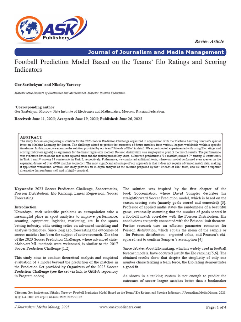 Elo-Based Football Score Prediction Model | PDF | Prediction | Linear ...