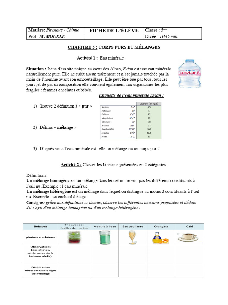 Corps purs et mélanges en 5ème | PDF