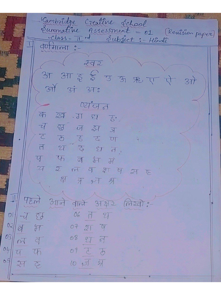 Class 2nd SA - 1 Revision Subject-Hindi | PDF