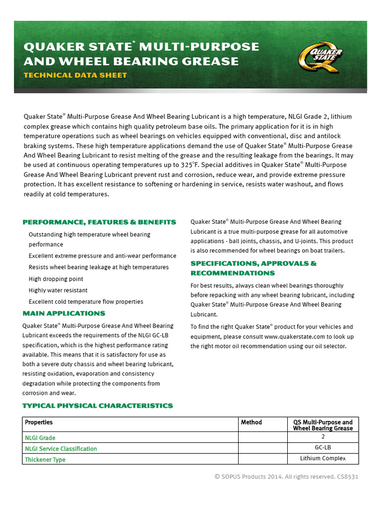 Quaker State Multi Purposeand Wheel Bearing Grease | PDF | Lubricant | Bearing (Mechanical)