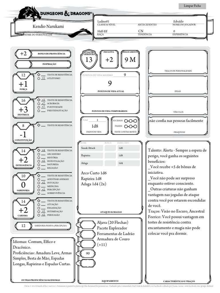Ficha DD 5e (Kendio Narukami) | PDF | Dungeons & Dragons (jogo)